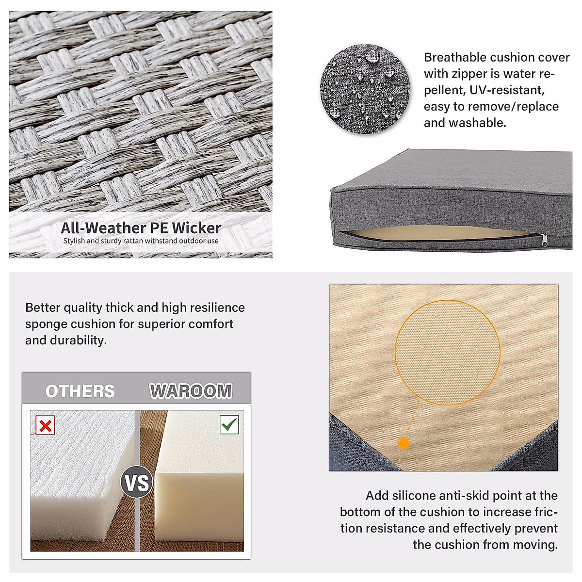 WAROOM Outdoor Couch 3 Seater Wicker Patio Sofa Grey Rattan Deep Seat Balcony Furniture Porch Seating with Grey Cushion