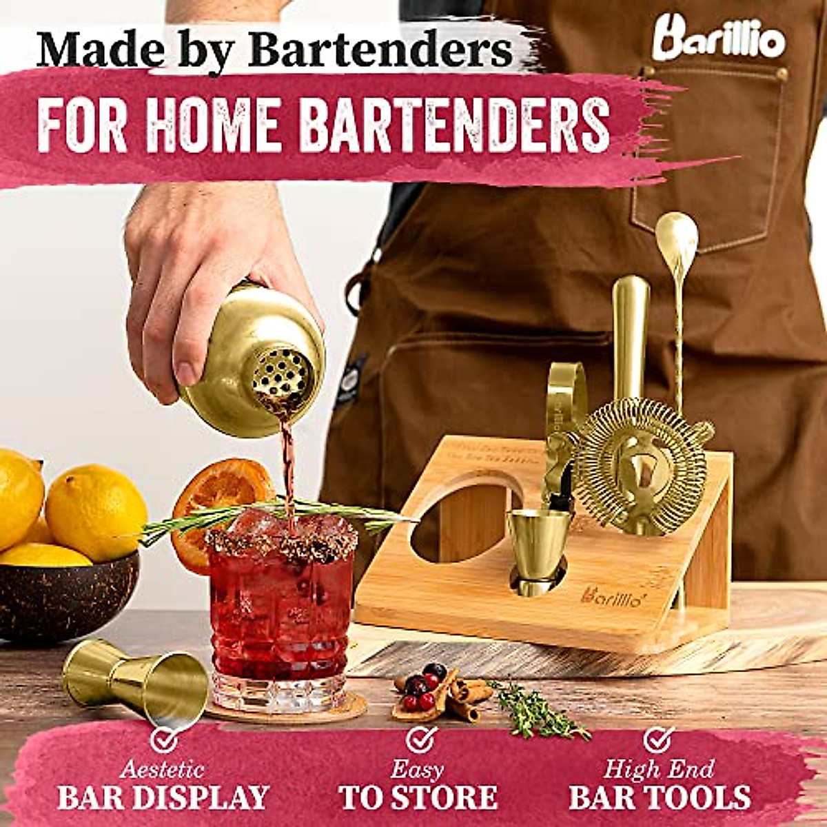 Gold Mixology Bartender Kit Cocktail Shaker Set by Barillio: Drink Mixer Set with Bar Tools, Bamboo Stand Cocktail Mixer Liquor Pourers Mojito Muddler Mixing Spoon Jigger Recipes Booklet