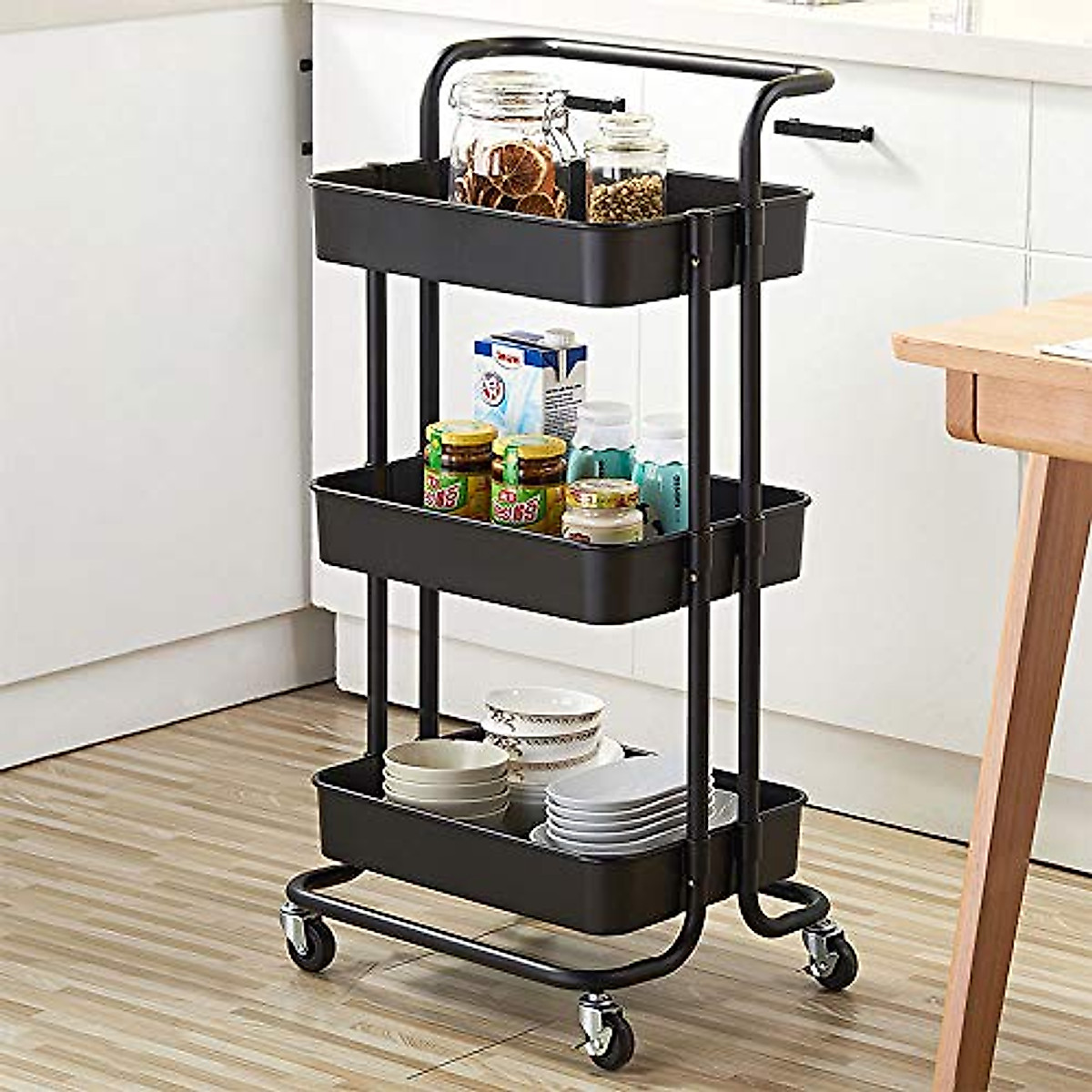 Poplarbox 3-Tier Rolling Utility Cart Metal Mesh Storage Shelves with Handles (Black)