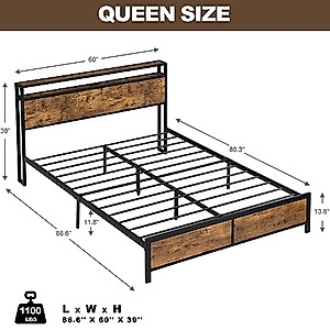 Modern Industrial Queen Bed Frame with LED Lights and 2 USB Ports, Metal Platform Bed Frame Queen Size with Storage, Noise Free, No Box Spring Needed, Strong Steel Slats Support, Rustic Brown (Queen)