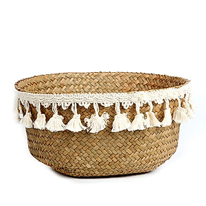 BlueMake Tassel Macrame Woven Seagrass Belly Basket for Storage, Decoration, Laundry, Picnic, Plant Basin Cover, Groceries and Toy Storage (Large, Tassel)
