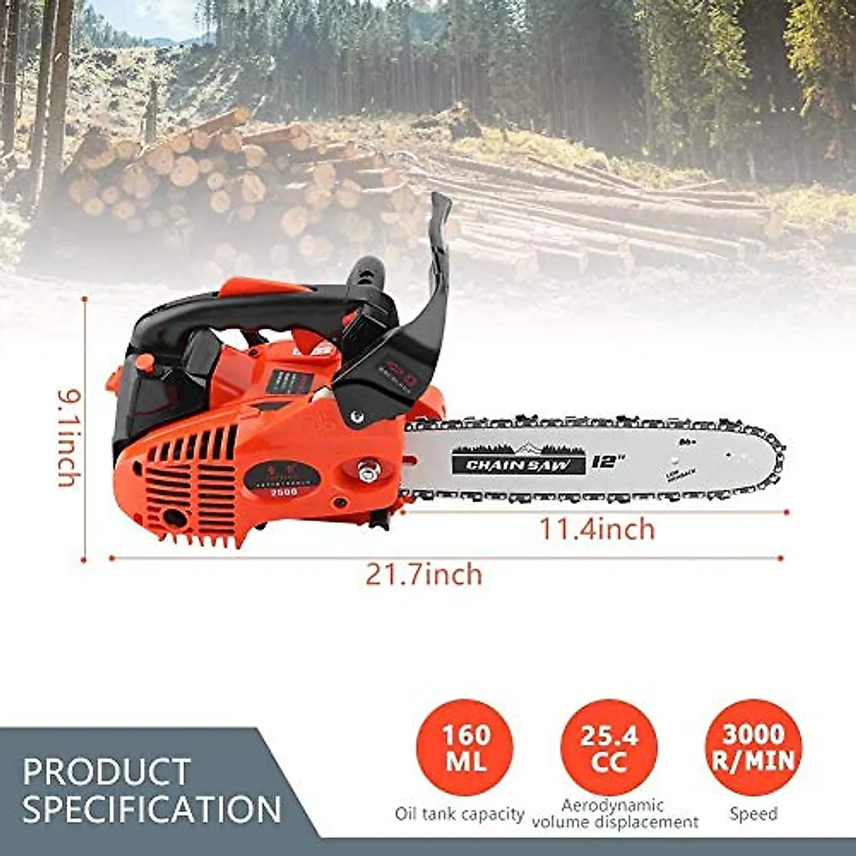 25.4CC Gas Chainsaw, 12" Gasoline Chainsaw Handheld Cordless Petrol Gasoline Chain Saw Wood Cutting Grindling Machine for Cutting Wood with Tool Kit,Garden Farm Home Use,3000r/min