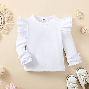 Toddler Baby Girl Solid Color T-Shirt Kids Blouse Plain Ruffle Sleeve Top Cotton Casual Clothes (033B-White, 4-5 Years)