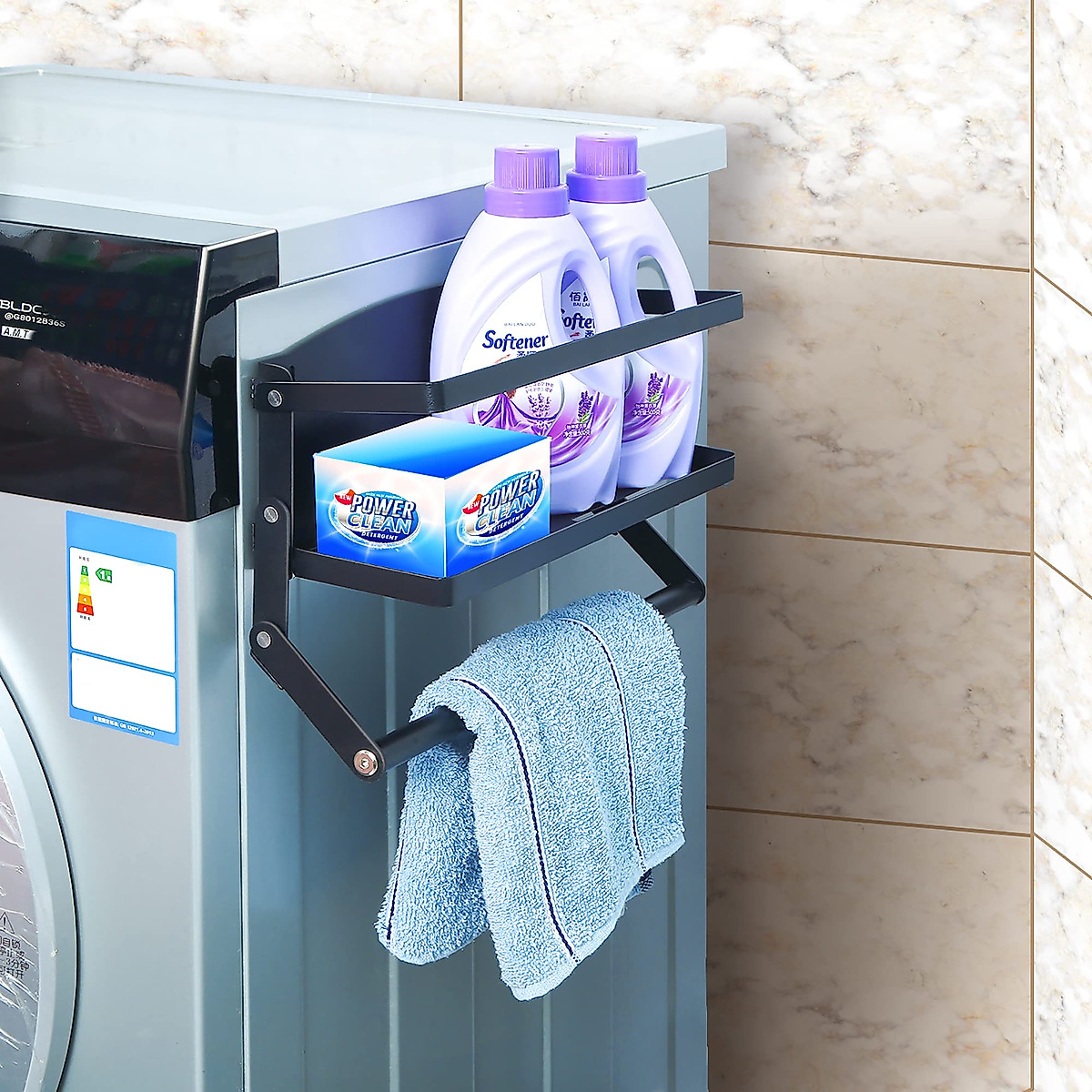 Foldable Magnetic Paper Towel Holder Refrigerator Storage Spice Rack with 3 Mobile Hooks and Paper Towel Holder(Single Layer /Black) Strong Magnetic Shelf for Refrigerator