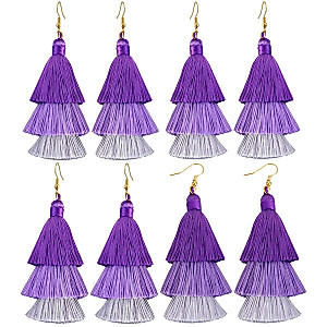 SUNYIK Gradual Purple Color Tiered Thread Layered Tassel Dangle Earrings for Women