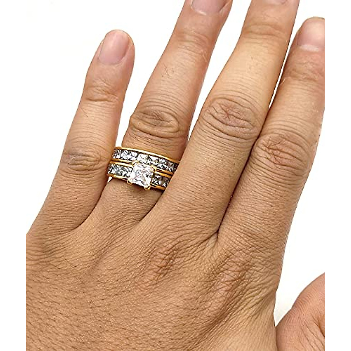 wedding ring set Two Rings His Hers Couples Rings Women's 10k Yellow Gold Filled White CZ Wedding Engagement Ring Bridal Sets & Men's Stainless Steel Wedding Band