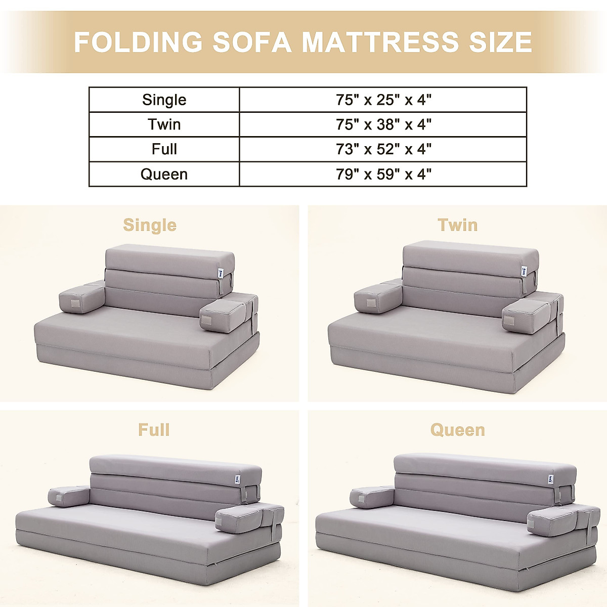 Lazyzizi Sleep 4 Inch Foldable Mattress, Portable Floor Mattress Couch with Headrest, Washable Cover, Foldable Foam Couch Queen for Guest Bed, Folding Sofa Bed, Camping, Road Trip, Dark Grey