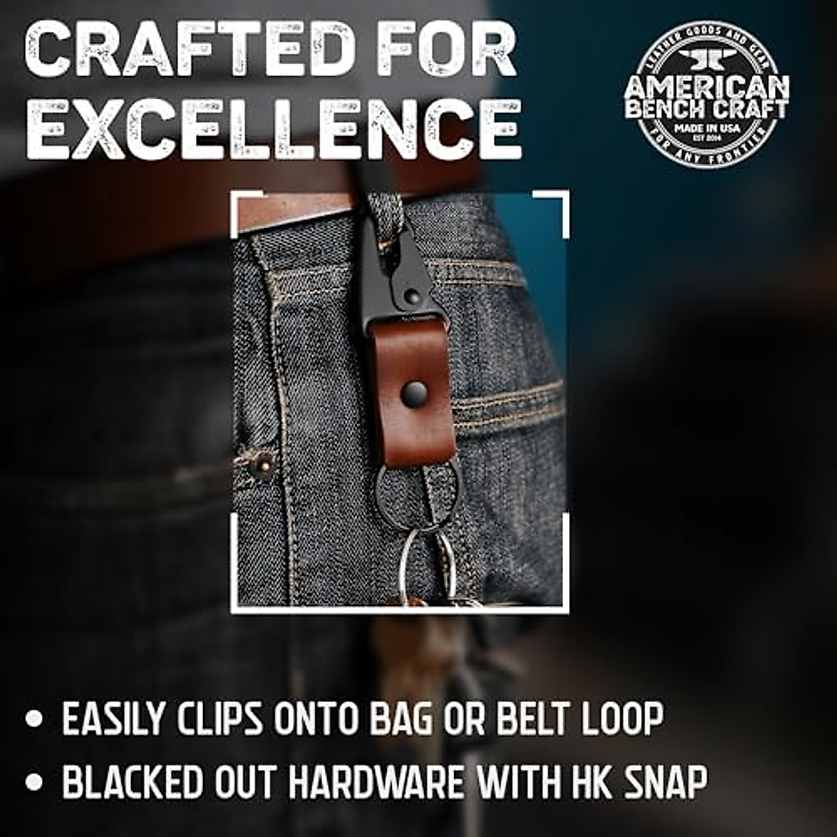 American Bench Craft Clip On Tactical Keychain | Full Grain Leather Keychain for Men | Car Keychain Made in USA | Key Fob Keychain with HK Snap & Durable Riveted Construction for Everyday Use | Brown
