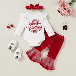 YOUNGER TREE Newborn Baby Girl My First Valentines Day Outfit Long Sleeve Romper and Bell Bottoms with Headband Clothes Set (12-18 Months)