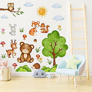 Watercolor Tree Animals Wall Decals,Cartoon Animal Wall Stickers,Nursery Wall Decor Woodland Animal Wall Decals,Fox Giraffe Bear Forest Animal Wall Decal for Kids Room Bedroom Classroom Playroom Decor