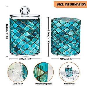 Turquoise Glass Mosaic Qtip Holder Dispenser Teal Geometric Bathroom Canister Storage Organization 2 Pack Clear Plastic Apothecary Jars with Lids Vanity Makeup Organizer For Cotton Ball Swab Floss