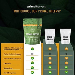 Primal Harvest Super Greens Powder, 30 Servings w/+50 Greens Superfood Chlorella, Probiotics, Green Tea, Wheatgrass, Kale, Turmeric, Green Superfood Powder for Energy - Primal Greens Green Powder