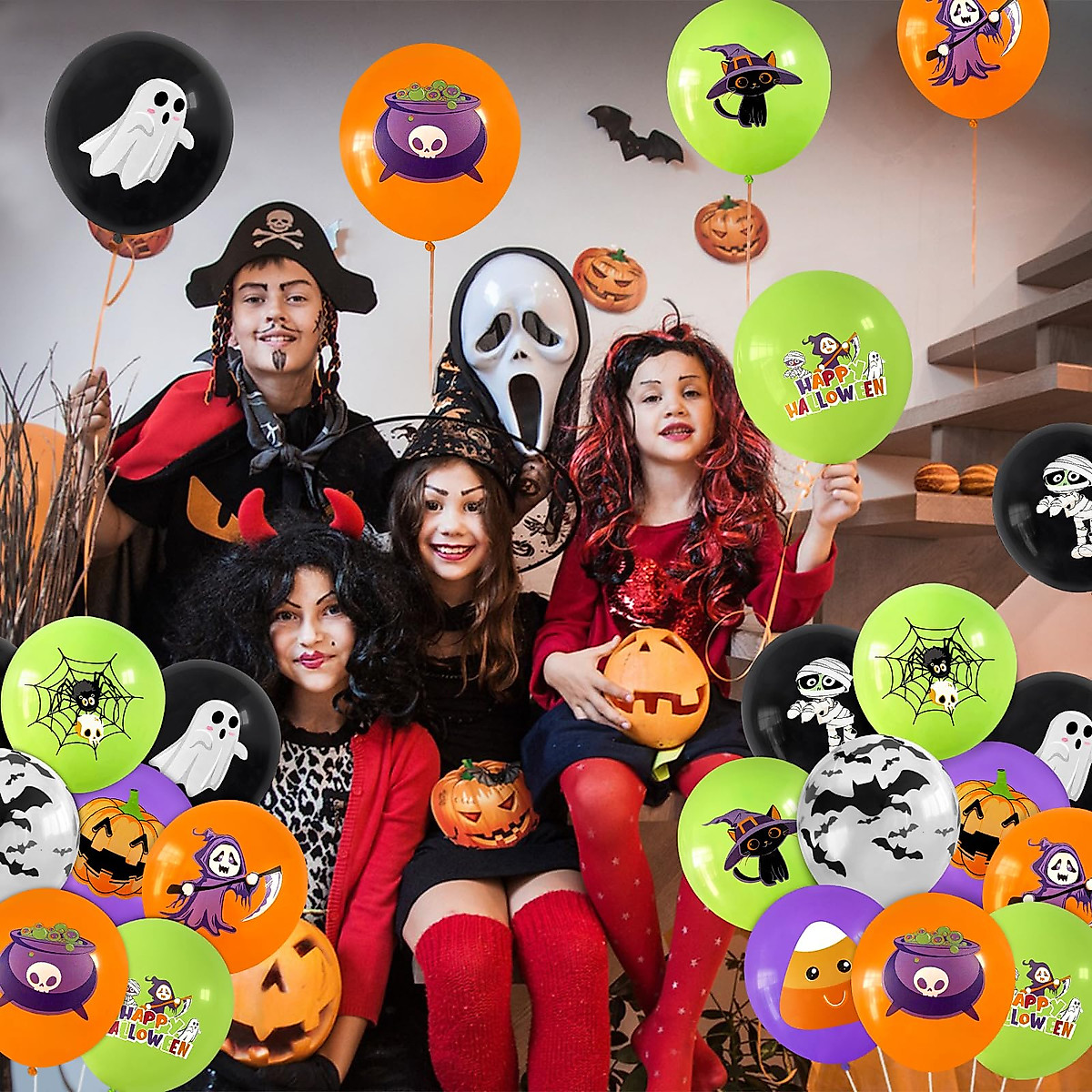 60Pcs Halloween Balloons, 12" Orange Black Purple Green Halloween Party Ballons, Pumpkin Bat Ghost Halloween Theme Latex Ballons for Halloween Birthday Party Decorations Halloween Decorations (A)