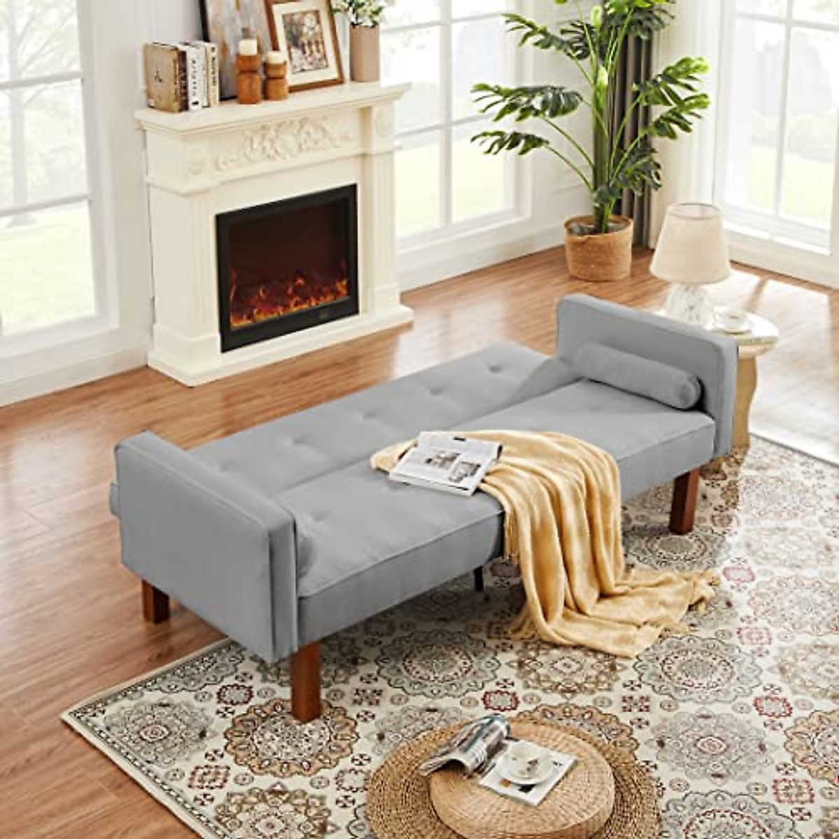 Verfur Upholstered Futon Sofa Bed for Small Spaces,74.4" Button Tufted 3 Seater Convertible Sleeper Couches Loveseat for Living Room,Bedroom and Office, Light Gray Comfy Linen