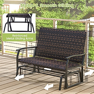 Tangkula Outdoor Rattan Glider Bench, 2-Person All Weather Resistant Glider Loveseat w/Quick Dry Foam Seat & Heavy-Duty Metal Gliding Arms, Outdoor Rocking Bench for Poolside, Garden, Backyard