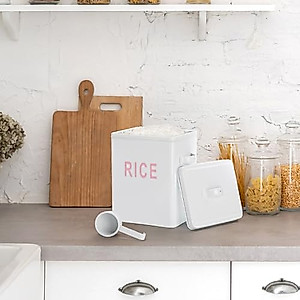 Youeon 10 Lbs Metal Rice Storage Container, Square Rice Canister with Lid and Measuring Scoop, Countertop Sealed Food Storage Container for Cereal, Beans, Pet Food, White