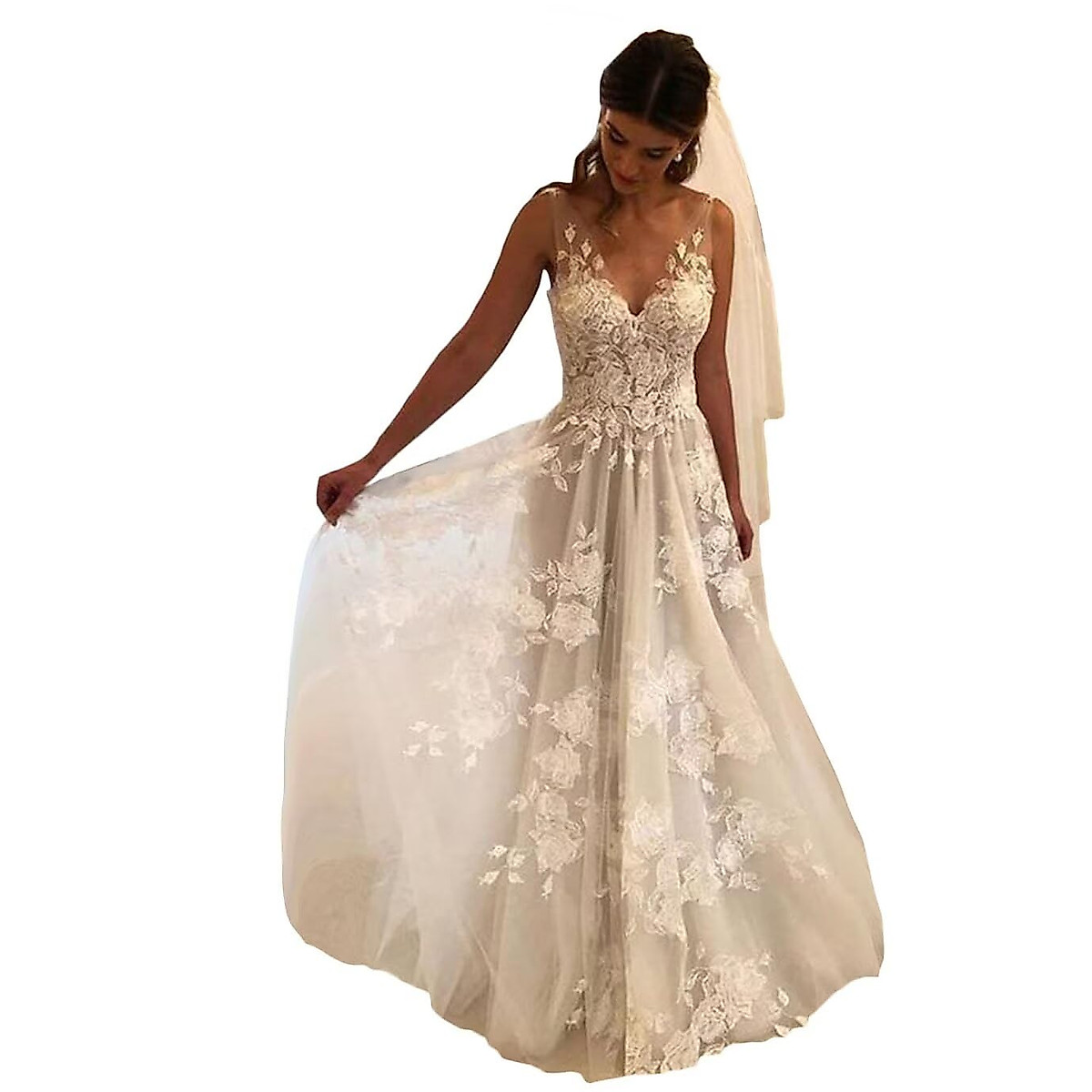 Tsbridal Women Wedding Dresses A-line V-Neck Tulle Lace Backless Boho Wedding Gown Bridal Dresses Ivory US 14-1