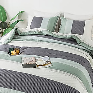 Litanika King Size Comforter Set Sage Green - 3 Pieces Lightweight Bedding Comforter Sets, Light Green White Colorblock Stripe Fluffy Bed Set, All Season Down Alternative