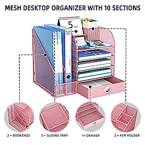 JAFUSI Mesh Desk Organizer with File Holder Magazine Holder,5-Tier Paper Letter Tray Organizer with Pen Holder,Desktop File Organizer with Drawer,10 Sections Suit for Home School Office Supplies
