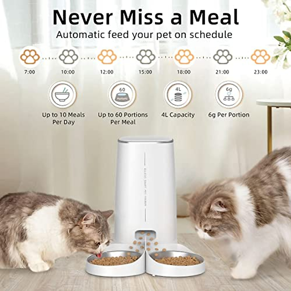 ROJECO Automatic Cat Feeders for 2 Cats, 4L Cat Food Dispenser with APP Control, Double Stainless Steel Bowls, Dual Power Supply and Low Food Alarms, 2.4GHz Wi-Fi Enabled Pet Feeder for Cats and Dogs