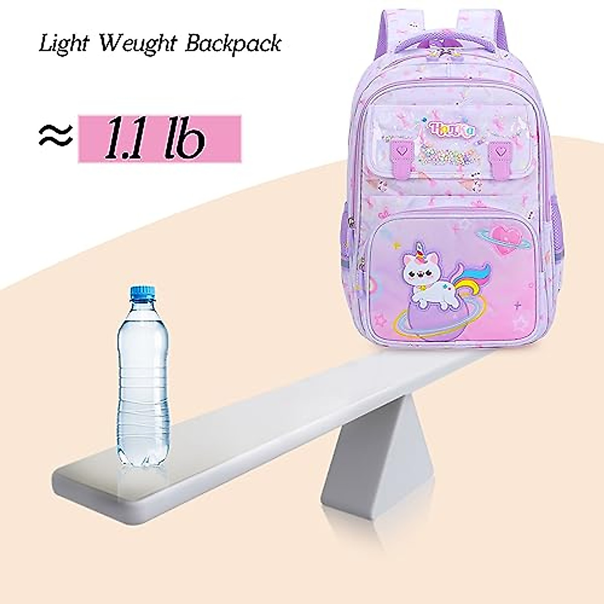 Dorlubel Girls Unicorn Backpack for Elementary School Bags Cute Love Heart Large Capacity Lightweight Bookbag(Purple Caticorn)