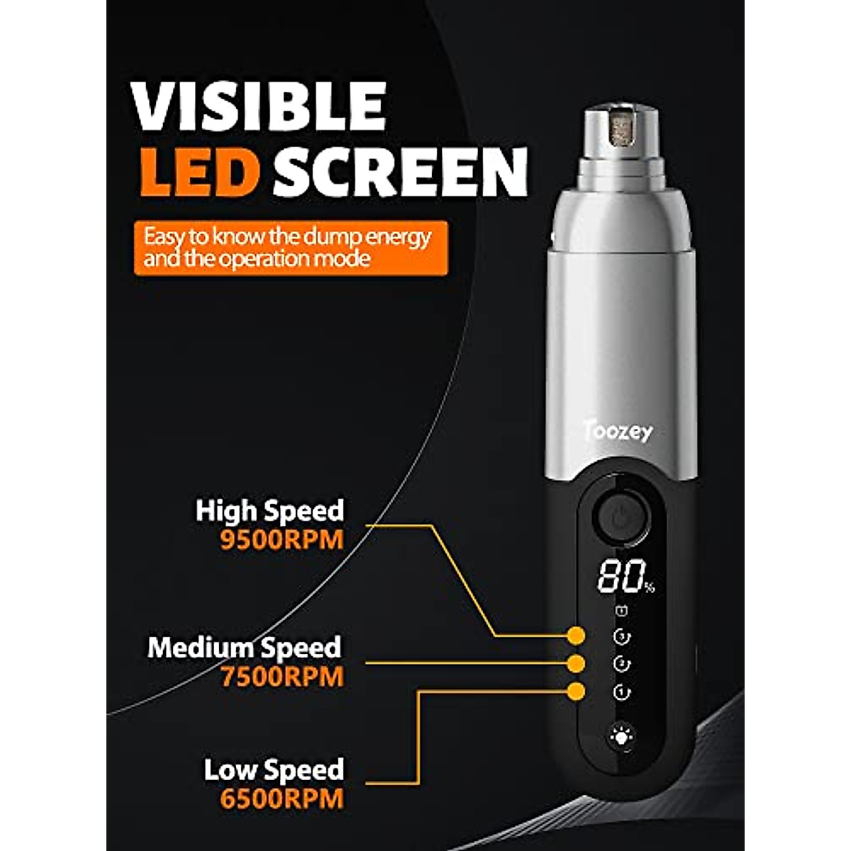 Toozey Dog Nail Grinder with 4 LED Lights, Professional 3-Speed Powerful Electric Dog Nail Trimmer with 2 Grinding Wheels, Dog Nail File Painless Paws Grooming for Small Medium Large Dogs & Cats