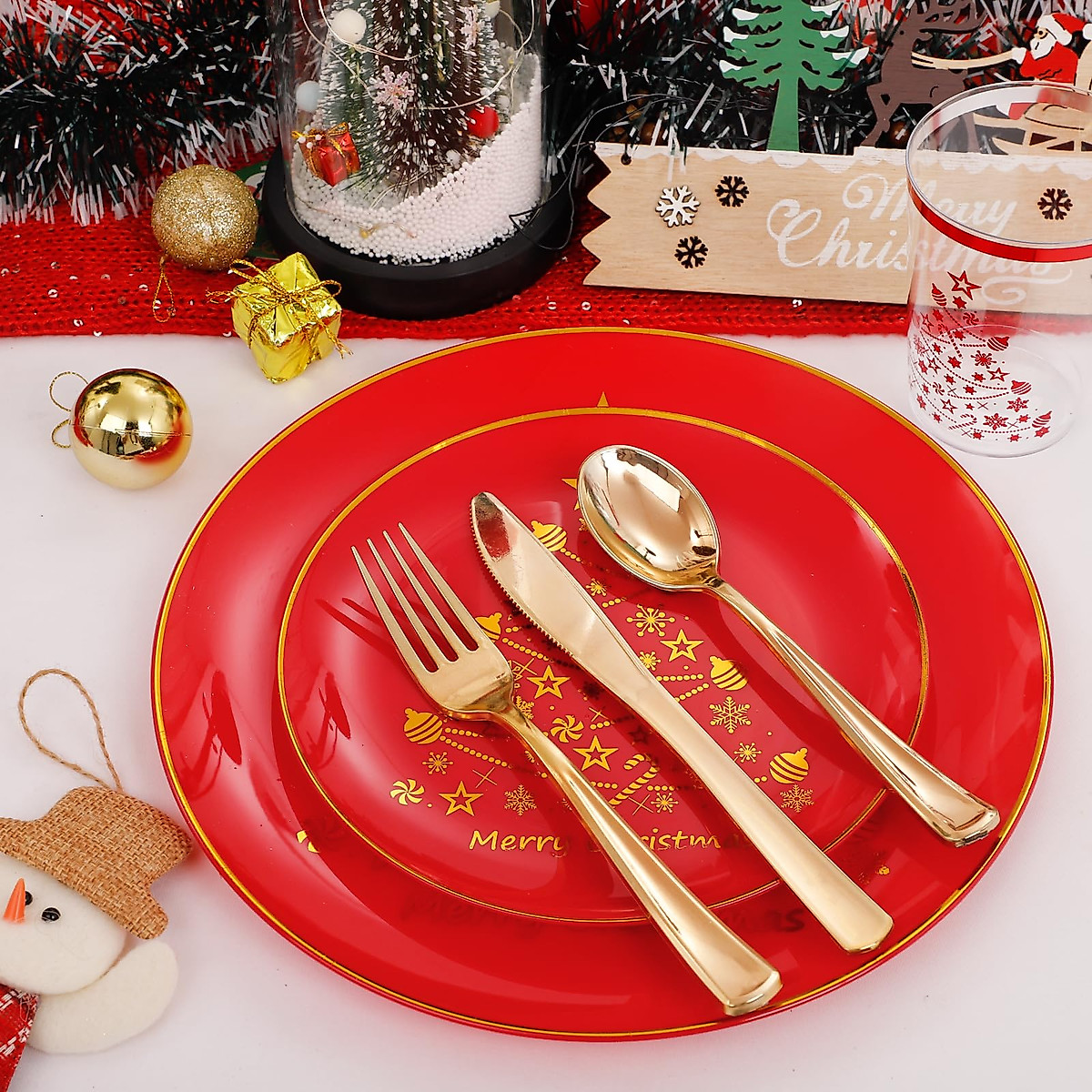 LIYH 150 PCS Plastic Christmas Dinnerware Set, Red Plastic Christmas Plates, Disposable Christmas Dinnerware with Christmas Tree Design, Plastic Christmas Silverware, Christmas Cups 25 Guests