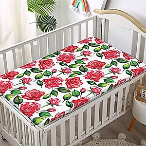 Rose Themed Fitted Mini Crib Sheets,Portable Mini Crib Sheets Soft Toddler Mattress Sheet Fitted-Great for Boy or Girl Room or Nursery,24“ x38“,White Green Red