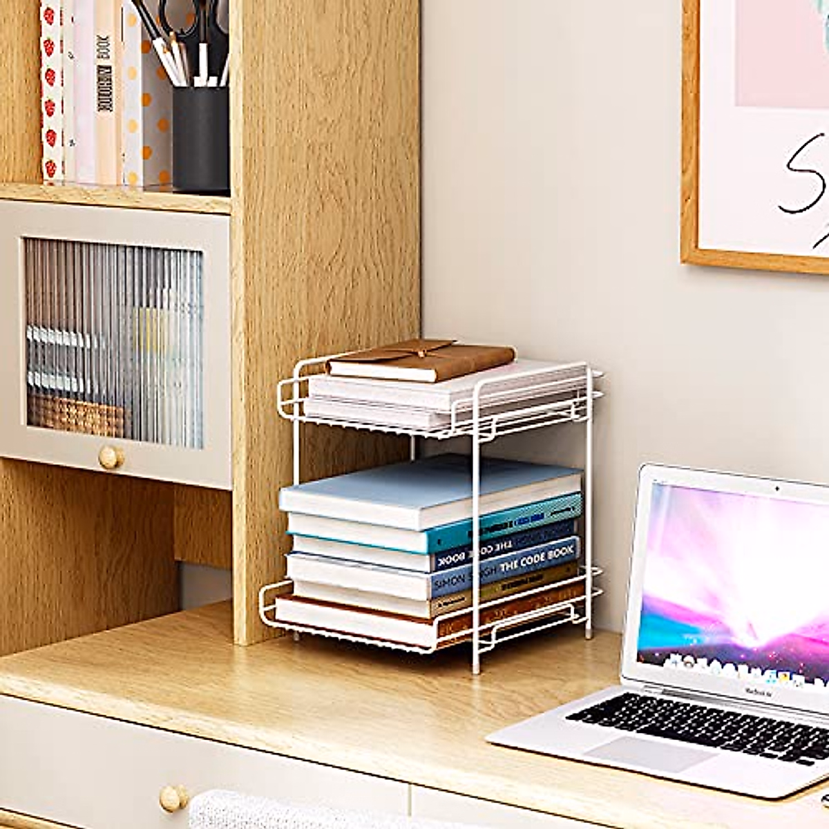 Lainrrew 2 Tier Cabinet Organizer, Stackable Under Sink Mesh Basket Organizer Under the Sink Storage Organizer for Home, Kitchen, Bathroom, Countertop (White)