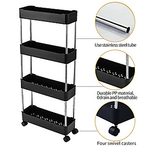 Generic Slim Rolling Storage Cart for Laundry Room Organization, 4 Tier Assemble Mobile Shelving Unit with Wheels Rolling Utility Cart Storage Rack for Kitchen