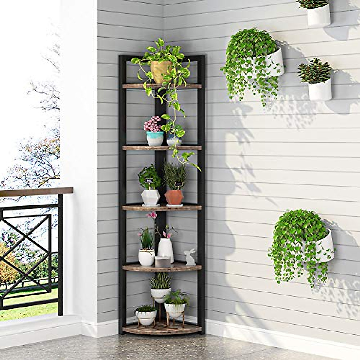 Tribesigns 5 Tier Corner Shelf, Rustic Corner Bookshelf Small Bookcase Storage Rack Plant Stand for Living Room, Home Office, Kitchen, Small Space (Brown)