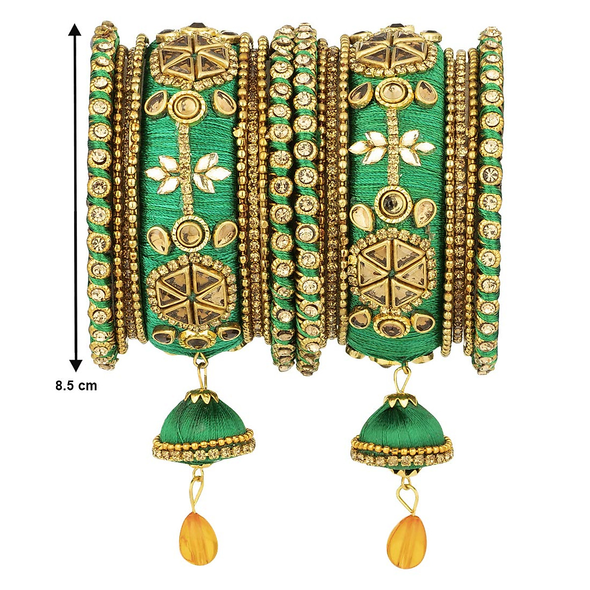 Aheli Royal Designer Faux Stone Studded Silk Thread Bangle Set Matching Chudha with Jhumki Tassel Hanging Indian Bollywood Fashion Jewelry for Women Girls (Green 2.8 Inch)