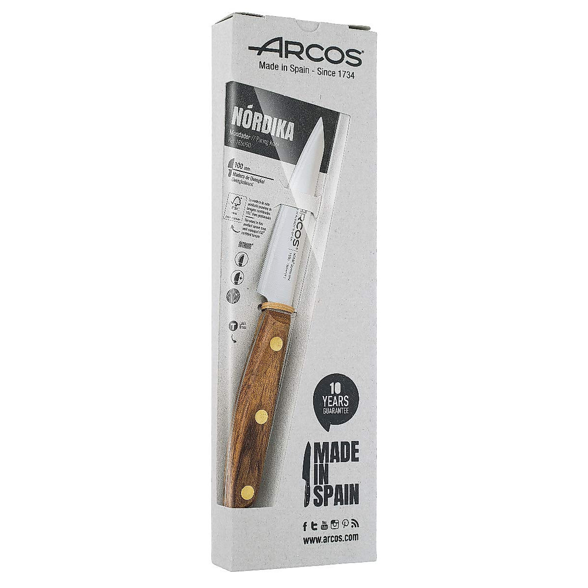 ARCOS Paring Knife 4 Inch Stainless Steel. Professional Kitchen Knife for Peeling Fruits and Vegetables. Ovengkol Wood Handle 100% natural FSC and 100mm Blade. Series Nordika. Color Brown