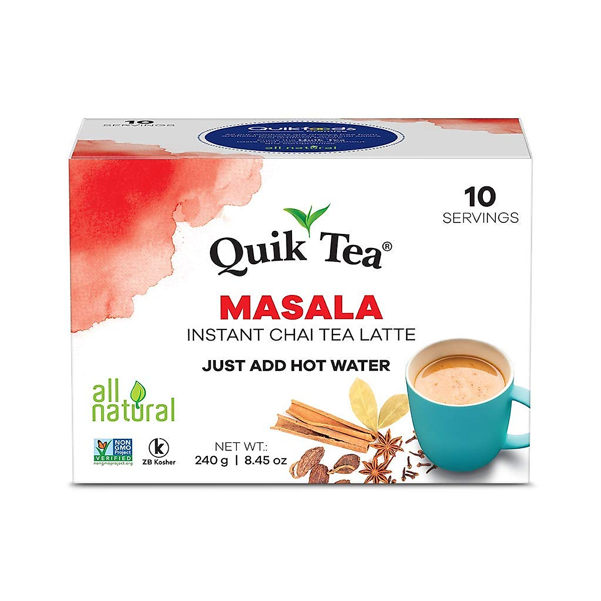 QuikTea Masala Chai Tea Latte - 10 Count Single Box - All Natural Preservative Free Authentic Chai