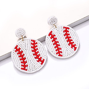 NVENF Beaded Baseball Earrings Sports Earrings for Women Handmade Bead Basketball Drop Dangle Earrings Holiday Party Game Jewelry Gifts (White Baseball 2)