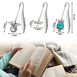 3 Pieces Vintage Metal Feather Bookmark Glow in The Dark 3D Silver Dragonfly Owl Dragon Bookmarks Gift for Book Lovers Students Teachers Reader