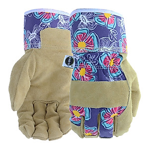 Miracle-Gro MG23011 Landscaping Work Gloves - [1 Pair, Small/Medium] Purple/Floral Print, Split Cowhide Leather Gloves