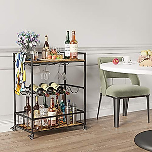 Industree Serving Cart on Wheels, 3-Tier Bar Cart with Wine Rack, Modern Wood and Metal Portable Coffee Cart Table for Home, Romantic Rustic Brown and Elegant Black, Family Party Cart(Max)
