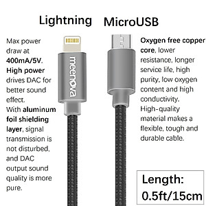 Meenova 8 pin-to-MicroUSB DAC OTG Cable for iPhone/iPad/iPod Chord Mojo Hugo2 Pha3 Fiio HiFi Oppo HA2 K5, Sony MDR-1ADAC, Roland GO Mixer, iRig HD2, Nikon Digital Camera,Transfer Photos, 15cm 0.5ft