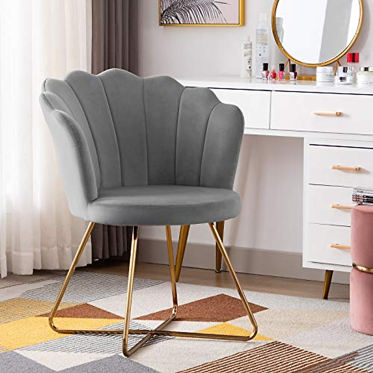 Duhome Velvet Accent Chair Living Room Chair，Corner Chair Reception Chair for Bedroom Living Room, Shell Shaped Living Room Chair with Golden Metal Legs, Grey