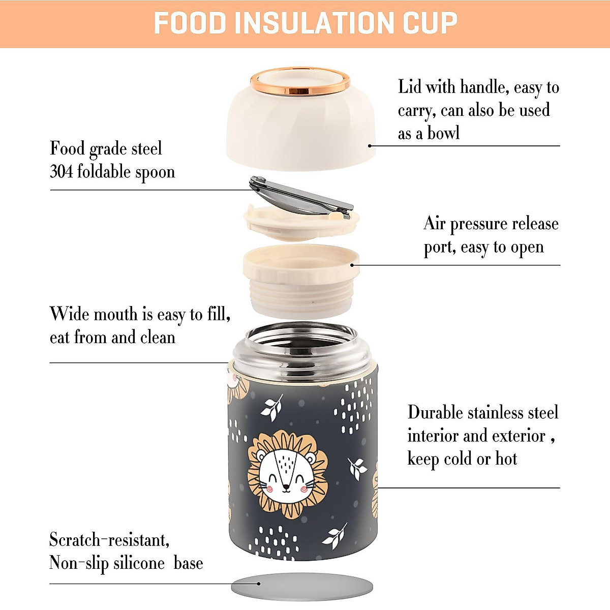 JUNZAN Handdrawn Cute Lion Cartoon Animals Kids Womens Food Insulated Jar with Spoon 17oz/500ml Lunch Box Containers Stainless Steel Vacuum Portable Lunch Boxes for Office Accessories