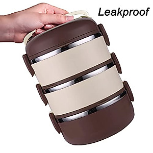 DILUOOU Stackable Lunch Box, 3 Tier Stainless Steel Thermal Lunch Box,Insulated Bento Lunch Box for Adult With Lunch Bag & Utensils (Brown)