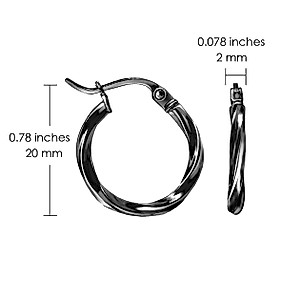 Black Flashed Sterling Silver 2mm Twist Round Hoop Earrings, 20mm