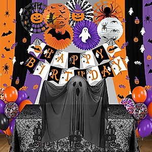 Halloween Birthday Decorations Party Supplies, Halloween Themed Happy Birthday Banner, Halloween Foil Fringe Curtains, Halloween Paper Fans Paper Lanterns, Halloween Birthday Party Photo Backdrop