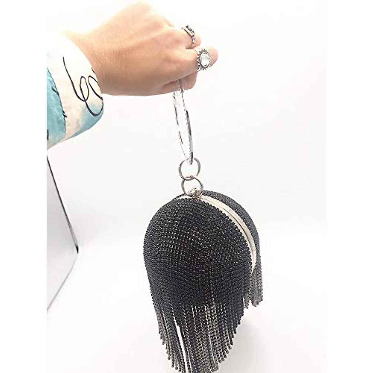 Womans Round Ball Clutch Handbag Dazzling Full Rhinestone Tassles Ring Handle Purse Evening Bag Women Round Ball Crystal Evening Clutch Purse Tassel Wedding Party Handbags (Black)