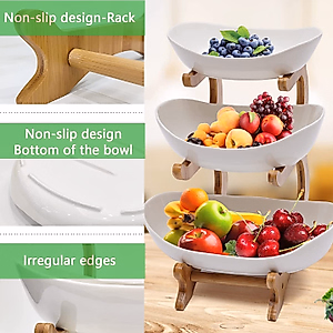 Hfpengzan 3 Tier Ceramic Fruit Bowl, White Oval Serving Bowls Set with Natural Bamboo Rack, Porcelain Fruit Basket Countertop for Kitchen Vegetable Storage, Snack Dessert Cake Candy Tray Plate Holder