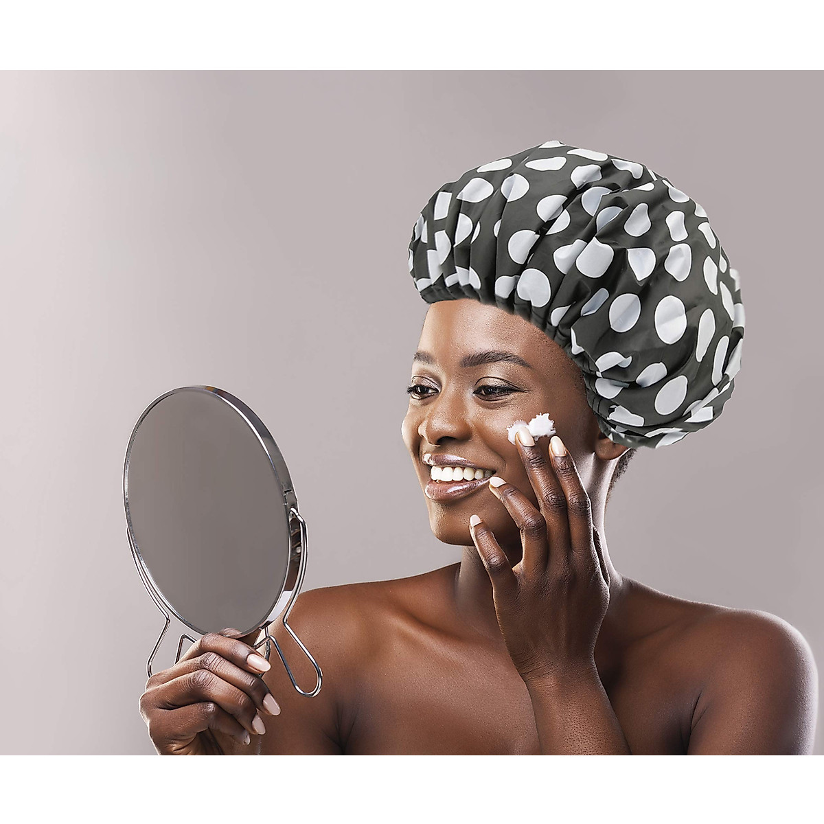 Aunllke Terry Cloth Lined Shower Cap for Women Large Double Layer Shower Cap with Microfiber Dry Hair Function Resuable Waterproof Breathable Bath Cap Black&White Dots Design