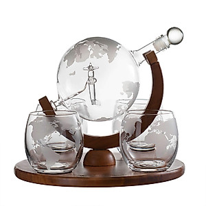 Etched World Decanter whiskey Globe - The Wine Savant Whiskey Gift Set Globe Decanter with Antique Airplane, Whiskey Stones and 4 World Map Glasses, Pilot Gift - Alcohol Related Gift, HOME BAR DECOR