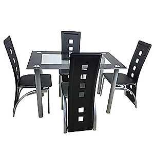 HomVent Dining Table Set for 4, Small Tempered Glass Dining Room Table Set, Kitchen Table and Chairs for Small Spaces, Transparent,White Modern 110cm, Stainless Steel PU Leather (Transparent & Black)