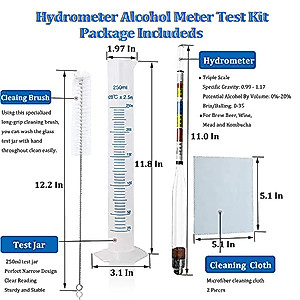Specific Gravity Hydrometer Beer Hydrometer Alcohol Meter Alcohol Measuring Tools with 250 ml Plastic Cylinder Cleaning Brush Wine Hydrometer Test Jar for Wine, Beer